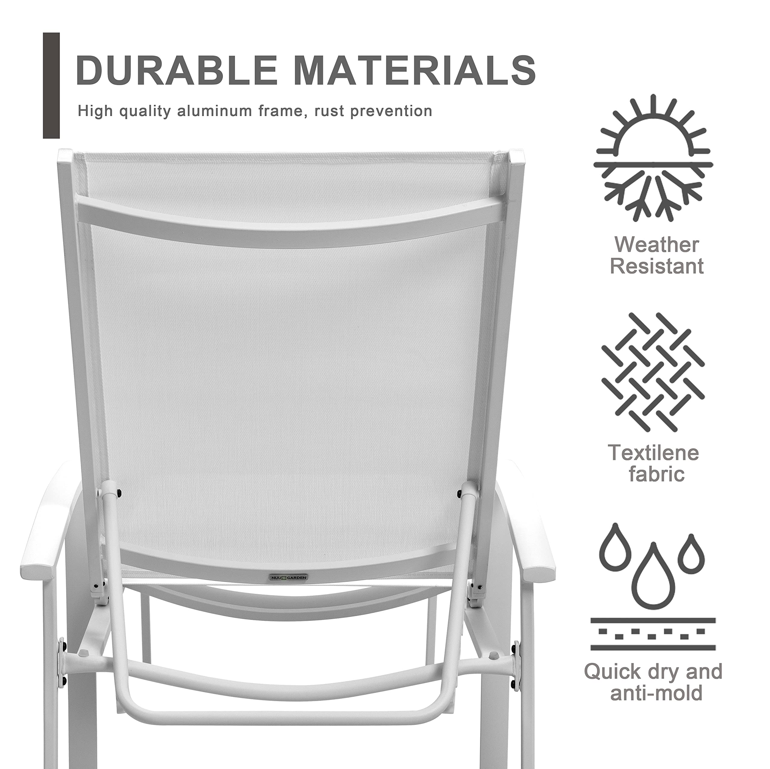 NUU GARDEN Patio Chaise Lounge Outdoor All-Flat 5 Positions Chaise Lounge Chairs All Weather Textile Fabric for Outside, Patio, Garden, Poolside, Beach, White