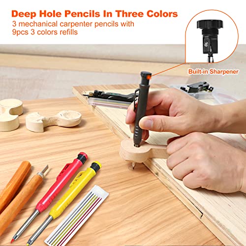 MARSBASE Multi-function Scribing Tool with Carpenter Pencils Aluminum Alloy Scribe Tool with Deep Hole Pencil Built-in Level, Scriber Marking Tools for Woodworking Line Marker