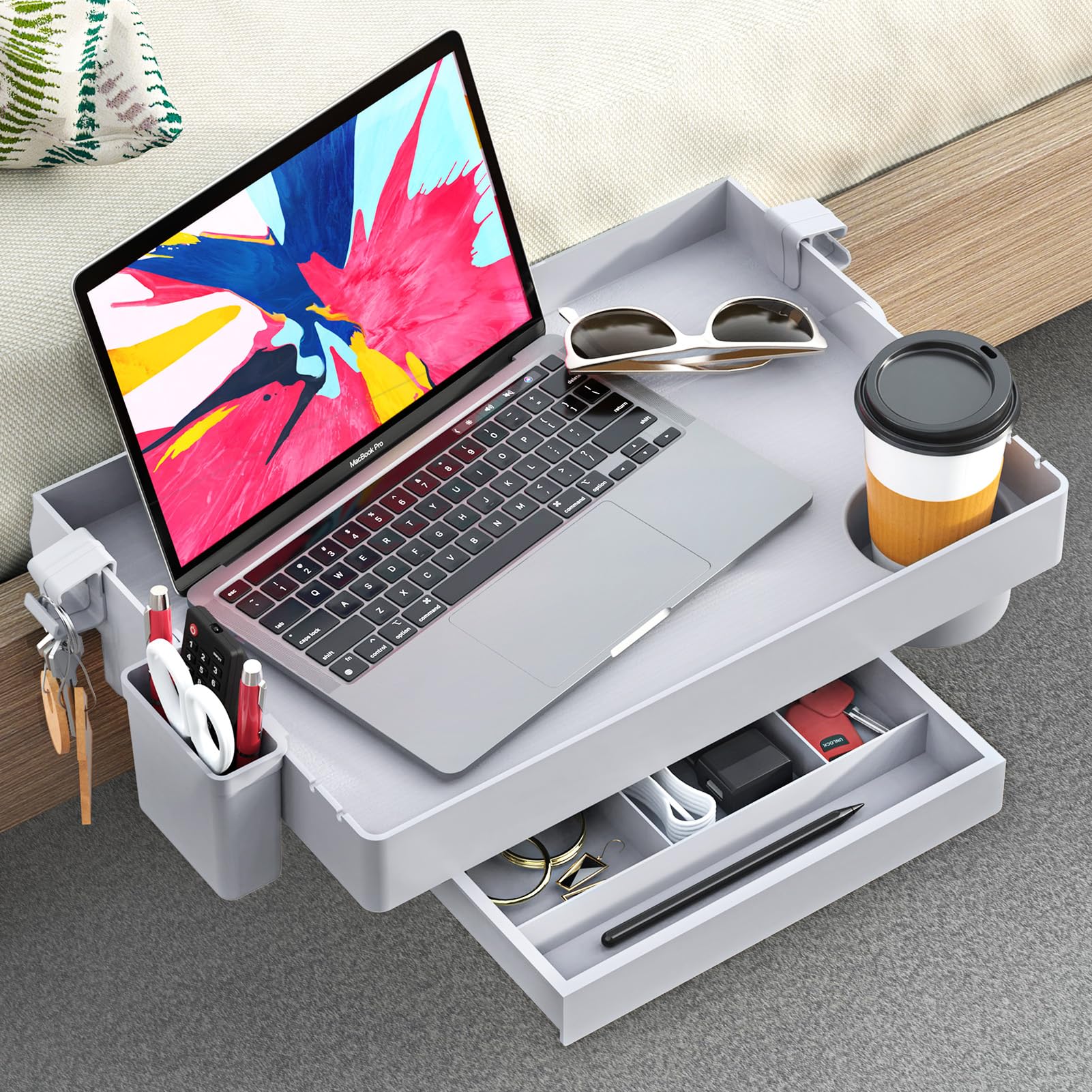 SOLEJAZZ Bedside Shelf for Bed, Foldable Bunk Bed Shelf for Top Bunk Clip On Nightstand with Drawer, College Dorm Essential Table Caddy Tray Organizer Bedroom Shelf, Plus Size with Drawer, Grey