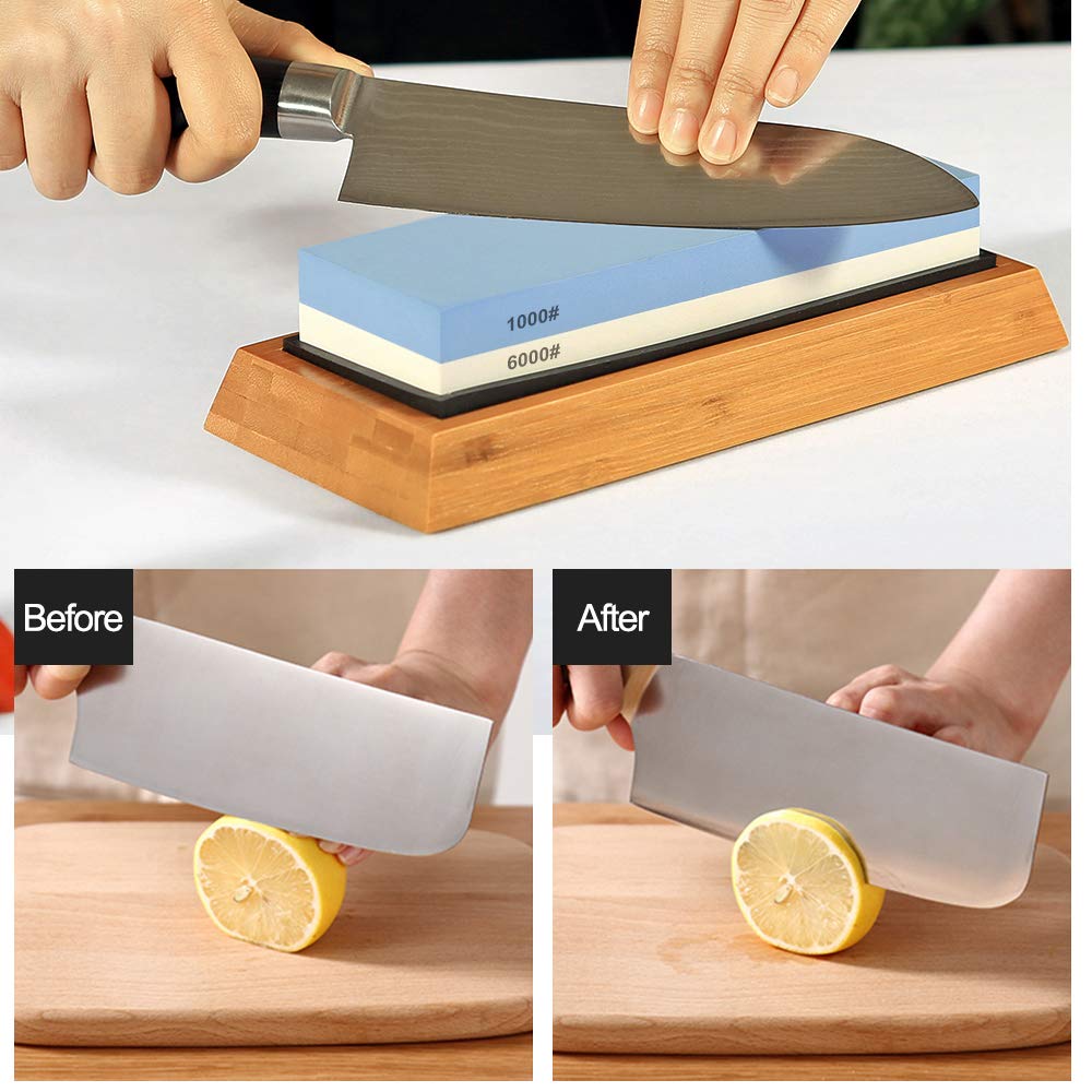MASSUGAR Whetstone Knife Sharpening Stone Set, 2-Sided Premium Wet Stone Sharpener 1000/6000 Grit Wetstone Kit for Kitchen knives with Non-Slip Bamboo and Silicon Base Angle Guide, Flattening Stone