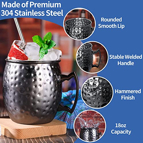 LINALL Moscow Mule Mugs- Set of 4 Gunmetal Black Plated Stainless Steel Mug 18oz, Measuring Cup, Cocktail Picks for Chilled Drinks (4pcs)