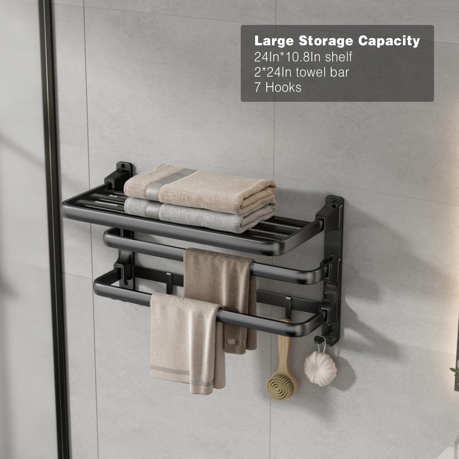 VOLDRA Towel Racks for Bathroom, 24-Inch Towel Shelf with Towel Bar Foldable Towel Holder with 7 Hooks Towel Storage Organizer for Bathroom & Lavatory Wall Mounted(Matte Black)