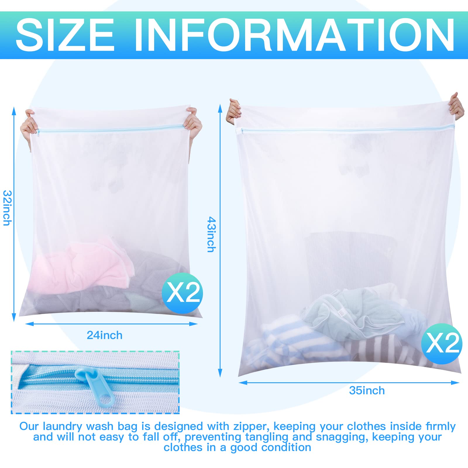Windyun 4 Pieces Jumbo Mesh Laundry Bags, 43 x 35 and 24 x 32 Inches Large Mesh Wash Bags Zippered Garment Bag for Washing Machine Garment Dirty Clothes Washer Dryer Net Protector