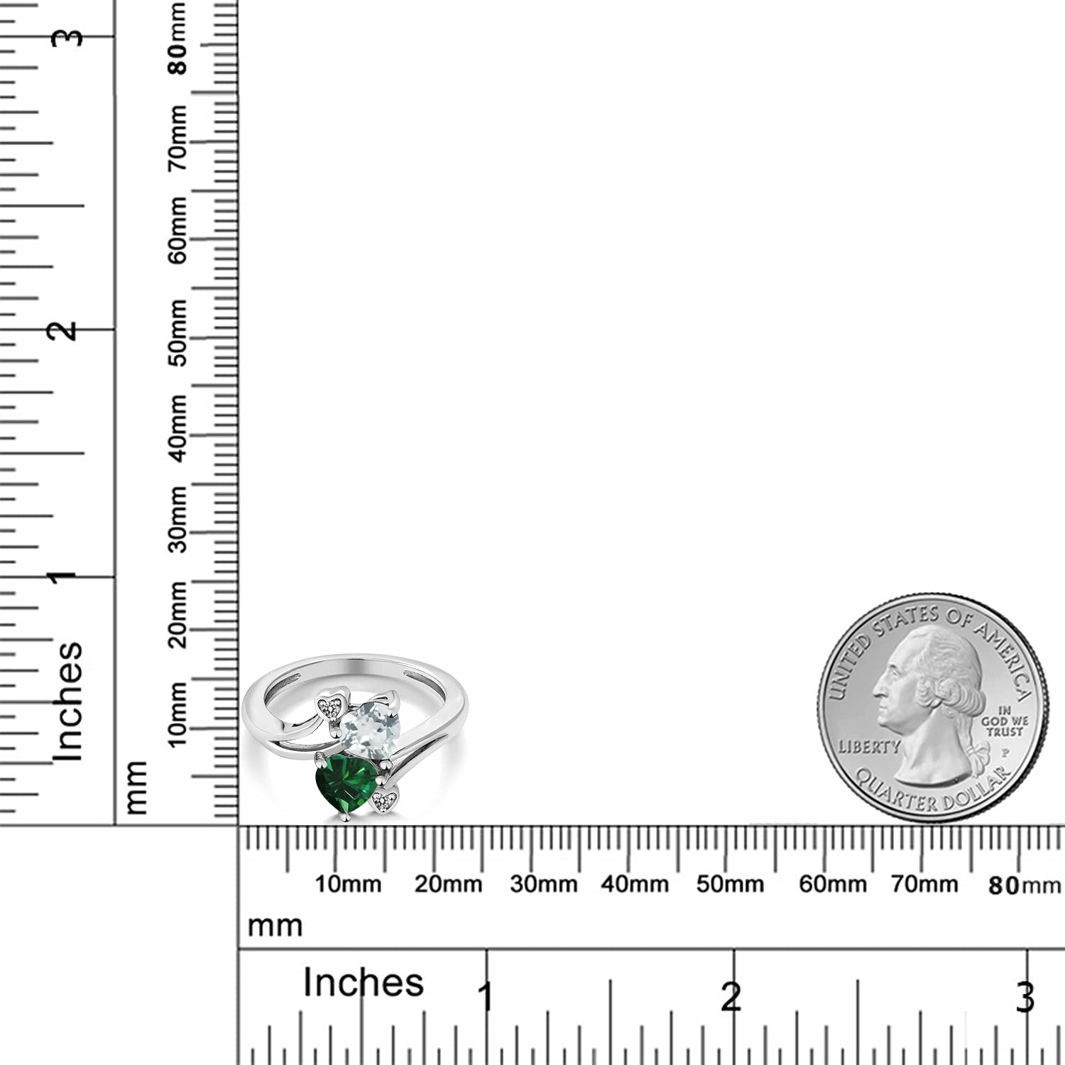 Gem Stone King 925 Sterling Silver Sky Blue Aquamarine Green Nano Emerald and White Diamond Ring For Women (1.38 Cttw, Heart Shape 6MM, Gemstone March Birthstone, Available In Size 5, 6, 7, 8, 9)