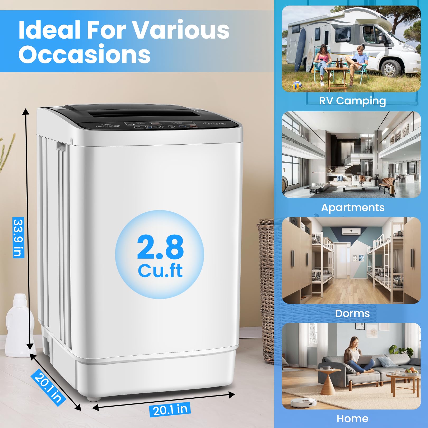 Nictemaw Portable Washing Machine 20Lbs, 2.8Cu.ft Full Automatic Portable Washer with 4 Wash Programs 4 Water Levels 3 Water Temp & Drain Pump, Portable Washer Dryer Combo for Home, RV, Dorm