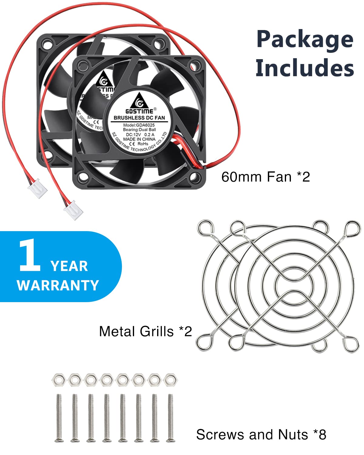 GDSTIME 2 Pack 60mm x 60mm x 25mm 12V Dual Ball Bearings DC Brushless Cooling Fan