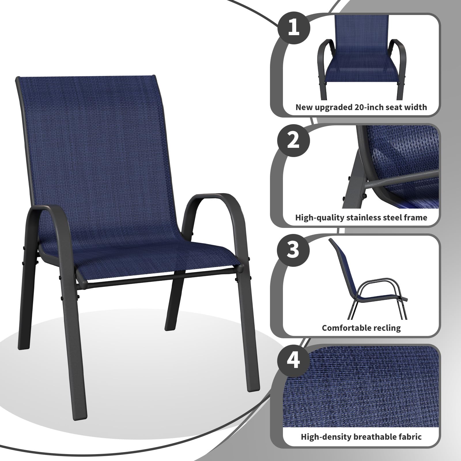 VONZOY Patio Dining Chairs Set of 6, Outdoor High Stacking Chairs,Breathable Seat Fabric and Alloy Steel Frame for Backyard, Porch, Garden, Sunroom (Blue)