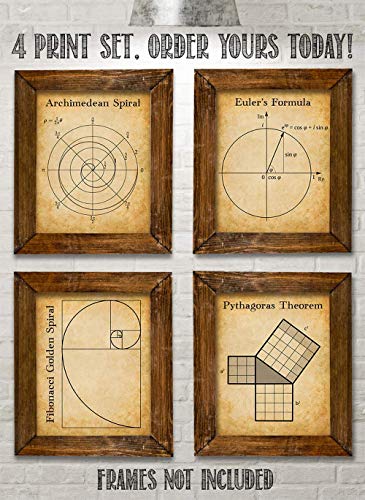 Math Art Prints-Archimedean Spiral, Euler's Formula, Fibonacci Golden Spiral, Pythagoras Theorem-Set of Four Gallery Wall 8x10 Unframed - Gift & Decor For Teachers, Classroom & Math Students Under $20