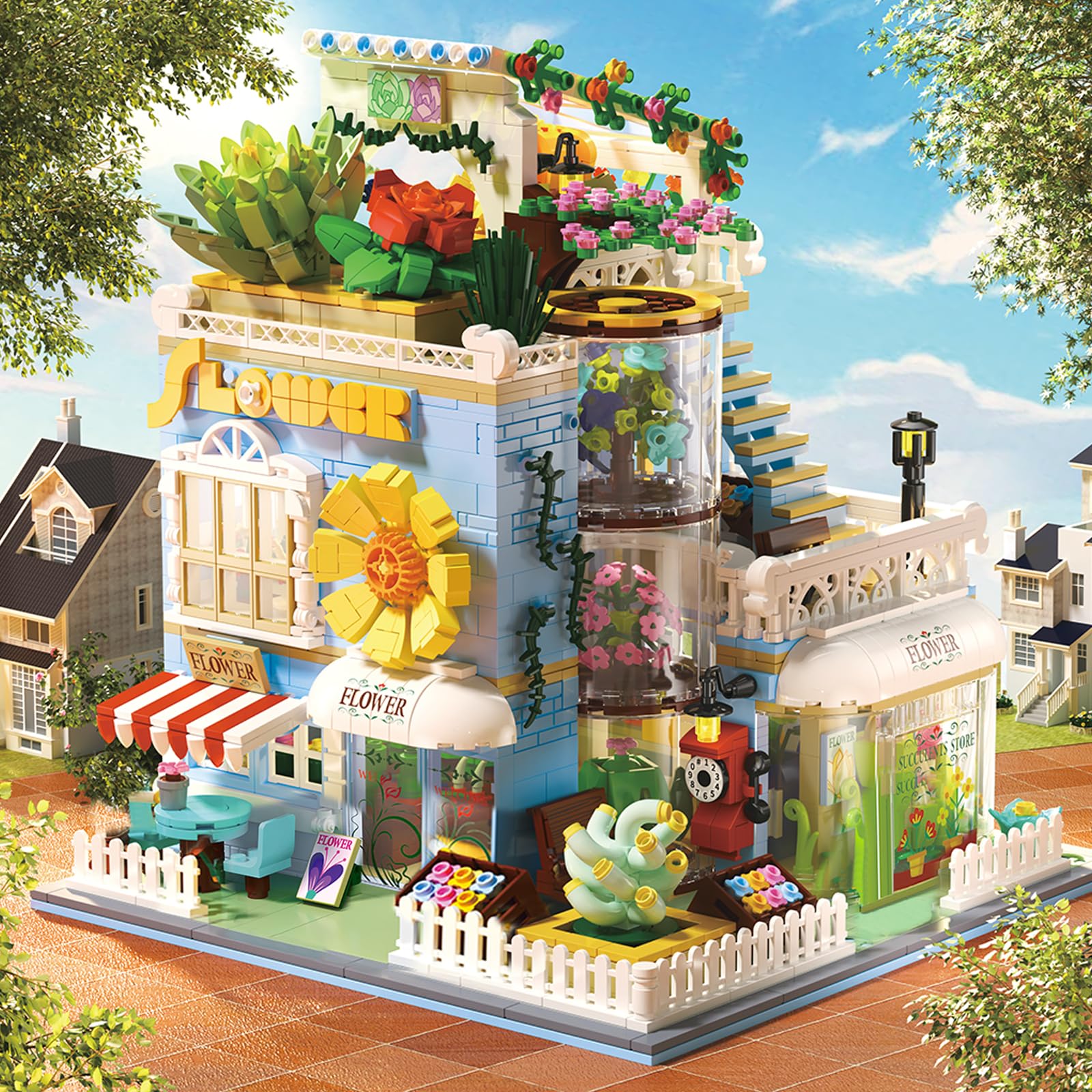 flycites Flower House Mini Building Blocks Set Succulents Store Creative Micro Bricks Bonsai Collectible Model,Gift for Adult/Teens 2091pcs(Not Compatible with Lego Set)