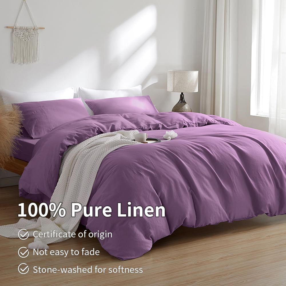 TUMEI 100% Linen Duvet Cover Set - Queen Size 3 Pieces Pure Linen Bedding Queen Comforter Cover Set Soft Breathable Durable Comforter Set 1 Duvet Cover and 2 Pillow Covers,Queen Size Basic Lilac