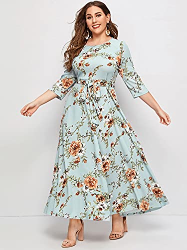 WDIRARA Women's Plus Size Floral Print Round Neck Belted A Line Flared Dress Mint Green 1XL