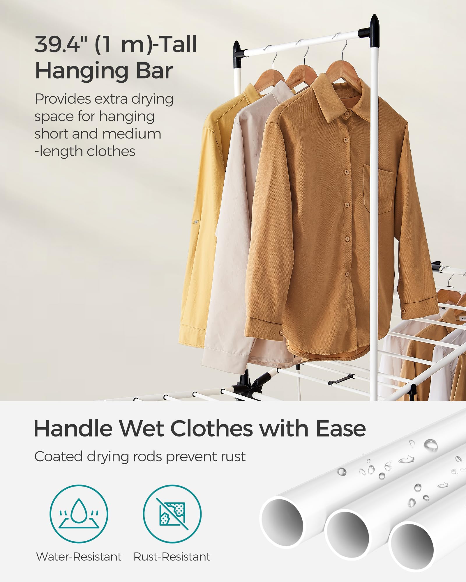 SONGMICS Clothes Drying Rack, Foldable 2-Level Laundry Drying Rack, Free-Standing Airer, 1 Additional Tall Hanging Bar, 2 Height-Adjustable Wings, 24 Drying Rails, Space Savng, Simply White ULLR521W01