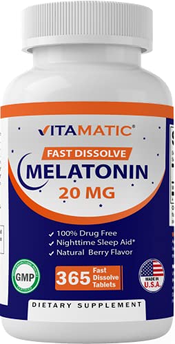 Vitamatic Melatonin 20mg Tablets | Vegetarian, Non-GMO, Gluten Free | 1 Year Supply | Natural Berry Flavor - 365 Tablets