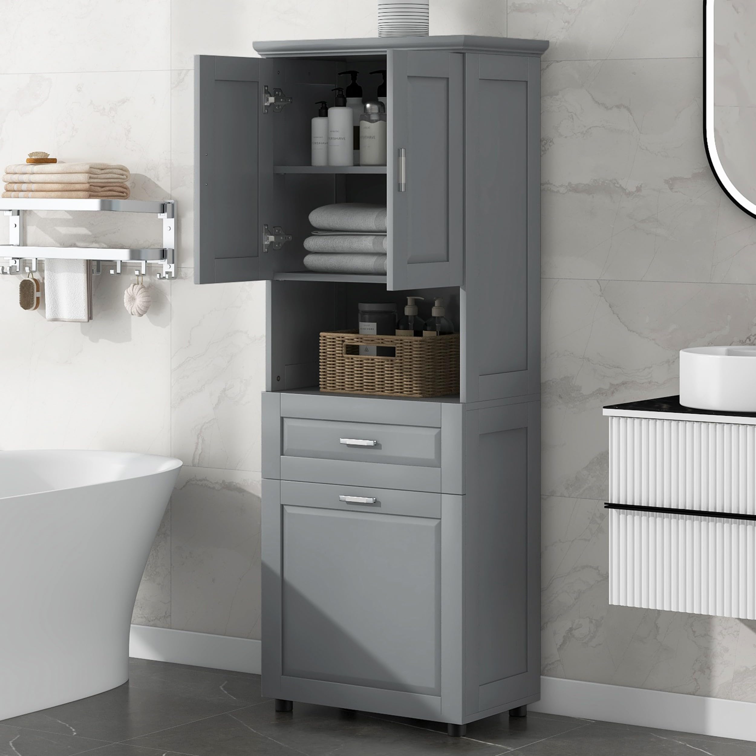 RCCFBHM Modern Bathroom High Bathroom Cabinet with Tilting Laundry Hamper with Double Door Storage and 1 Drawer, Open Storage Cabinet for Bathroom, Living Room.