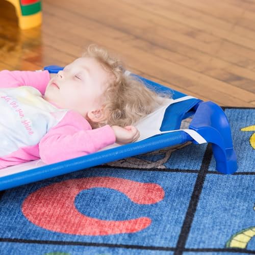 Sprogs Heavy-Duty Stackable Standard Size 52"L Daycare Cots for Kids and Toddlers, Stacking Preschool Classroom Kids Cots for Sleeping, Resting, Naptime, Pack of 6, Blue