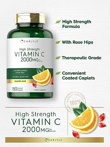 Vitamin C 2000mg | with Rose Hips | 150 Caplets | Vegetarian, Non-GMO, Gluten Free Supplement | by Carlyle
