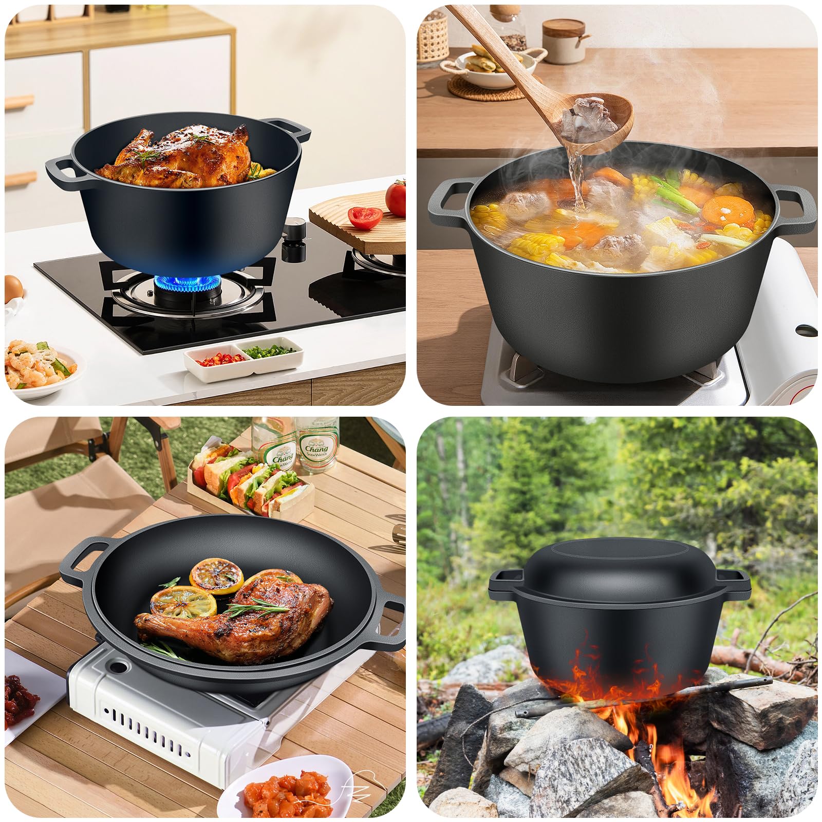RAINBEAN 2-in-1 Pre-Seasoned Cast Iron Dutch Oven Pot with Skillet Lid Cooking Pan,5.5 QT Dual Handles Dutch Oven Pot with Lid,Heavy-Duty Non-stick Round Dutch Oven for Bread Baking, Stewing, Roasting