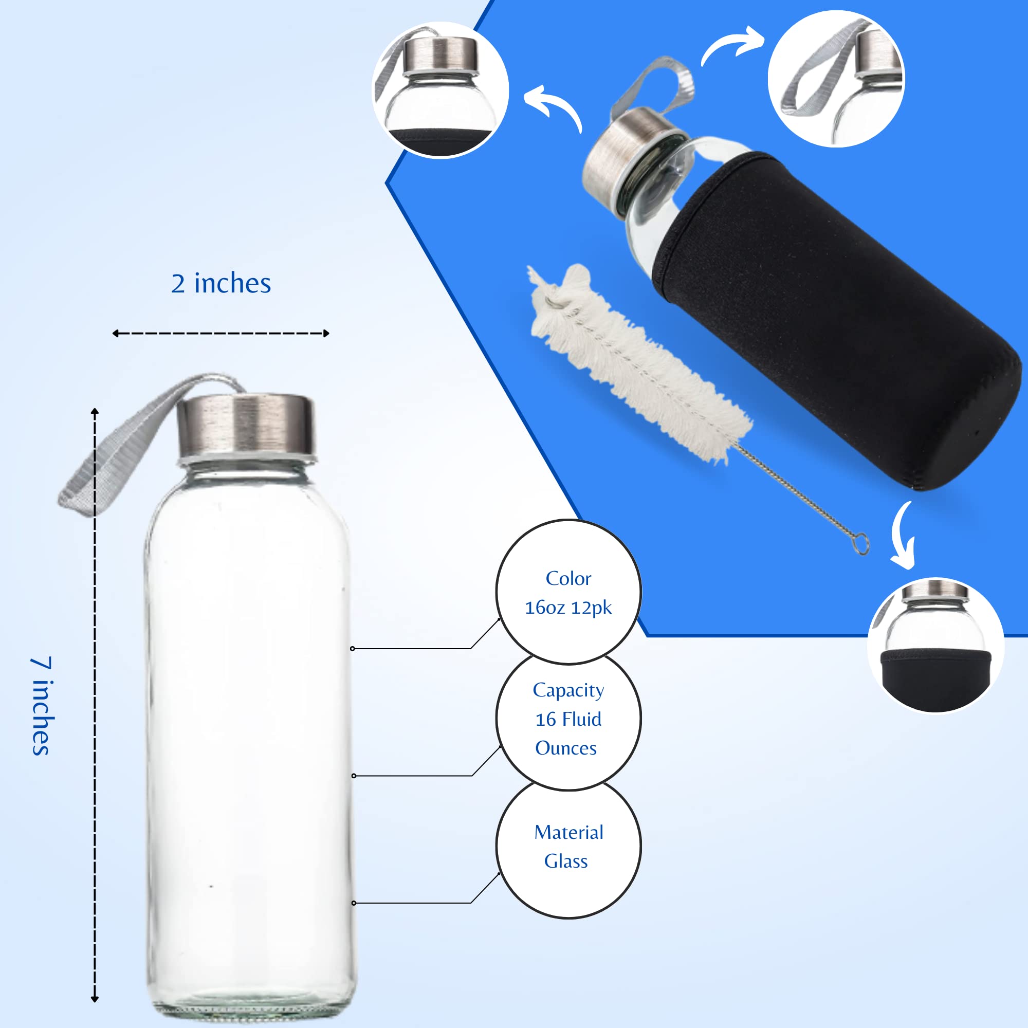 SureSave Glass Water Bottles with Stainless Steel Lids and Sleeves | 16 Oz Reusable Glass Bottles with Carrying Loop for Eco-Friendly Travel Drinks and Beverages (12 Pack)