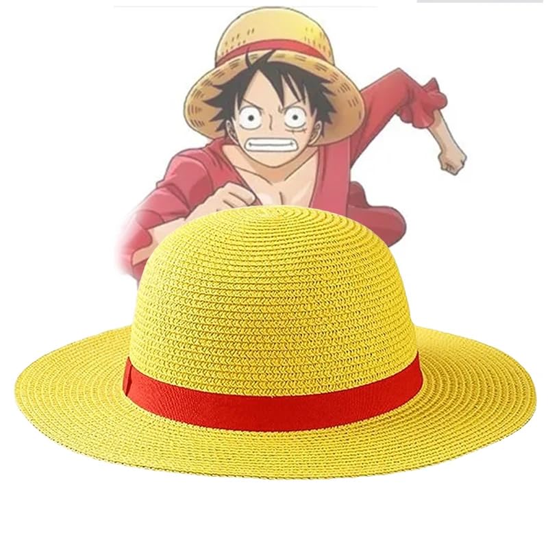 Jintoong 3Pcs One Piece Luffy Straw Hat Anime Cosplay Accessories Hat Performance Animation Props Party Costume Beach Hats & Bracelet Ring