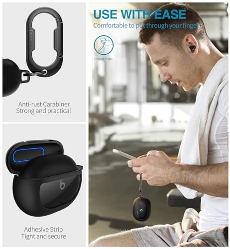 SURITCH Case for Beats Studio Buds 2021, Studio Buds+ Plus 2023 Protective Case Cover with Carabiner Keychain, Skin-Friendly TPU Shockproof Protector for Earbuds Charging Case Accessories, Black
