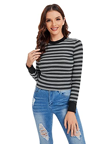 SheIn Women's Striped Mock Neck Shirt Top Long Sleeve Turtleneck Tee T-Shirts Black Stripe Medium