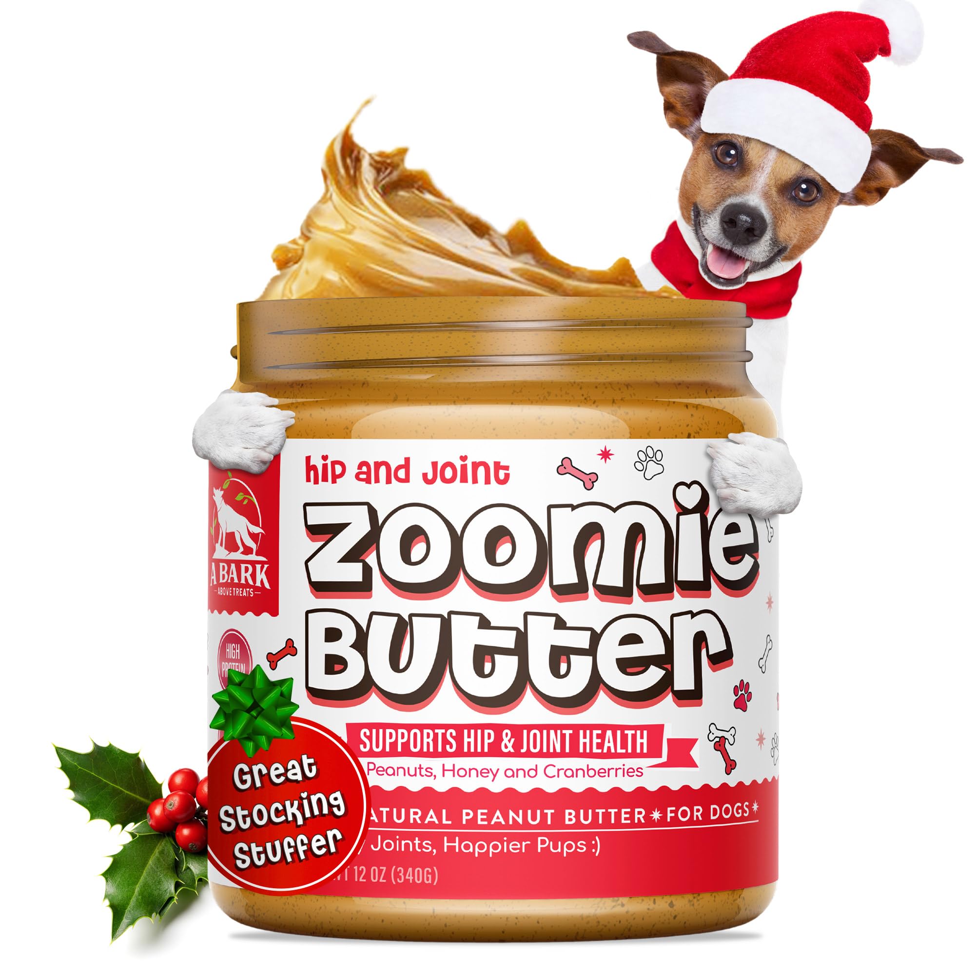 Zoomie Butter Hip & Joint Dog Peanut Butter Spread Supplement, All Natural Dog Treat. Human Grade & Safe Anti Inflammatory Puppy Food, Peanuts & Turmeric for Pain, Stiffness, Grown & Made in USA