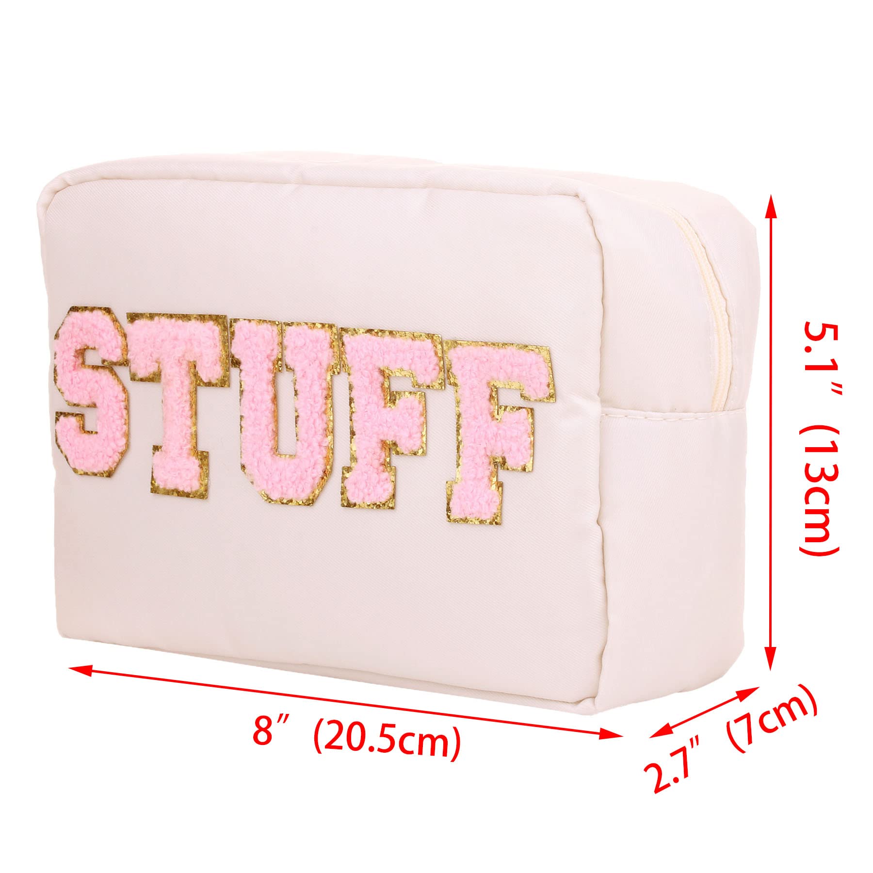 oaesc Nylon Cosmetic Bag Chenille Letter Patches Waterproof Travel Pouch Snack Makeup with Wrist Strap for Women (Beige-STUFF)
