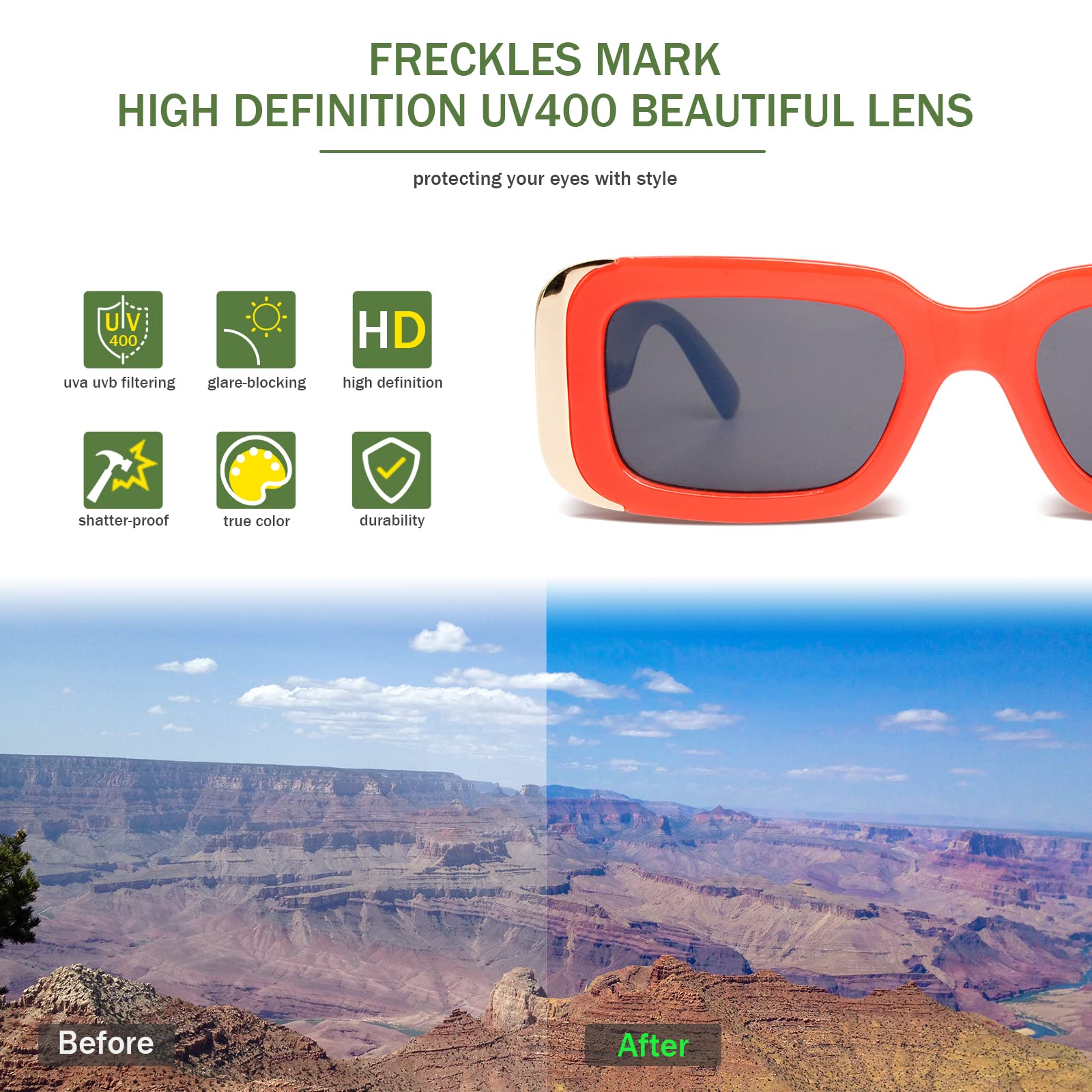 Freckles Mark Rectangle Retro Sunglasses for Men Women Vintage Square Glasses Disco Accessories (Red/Green)