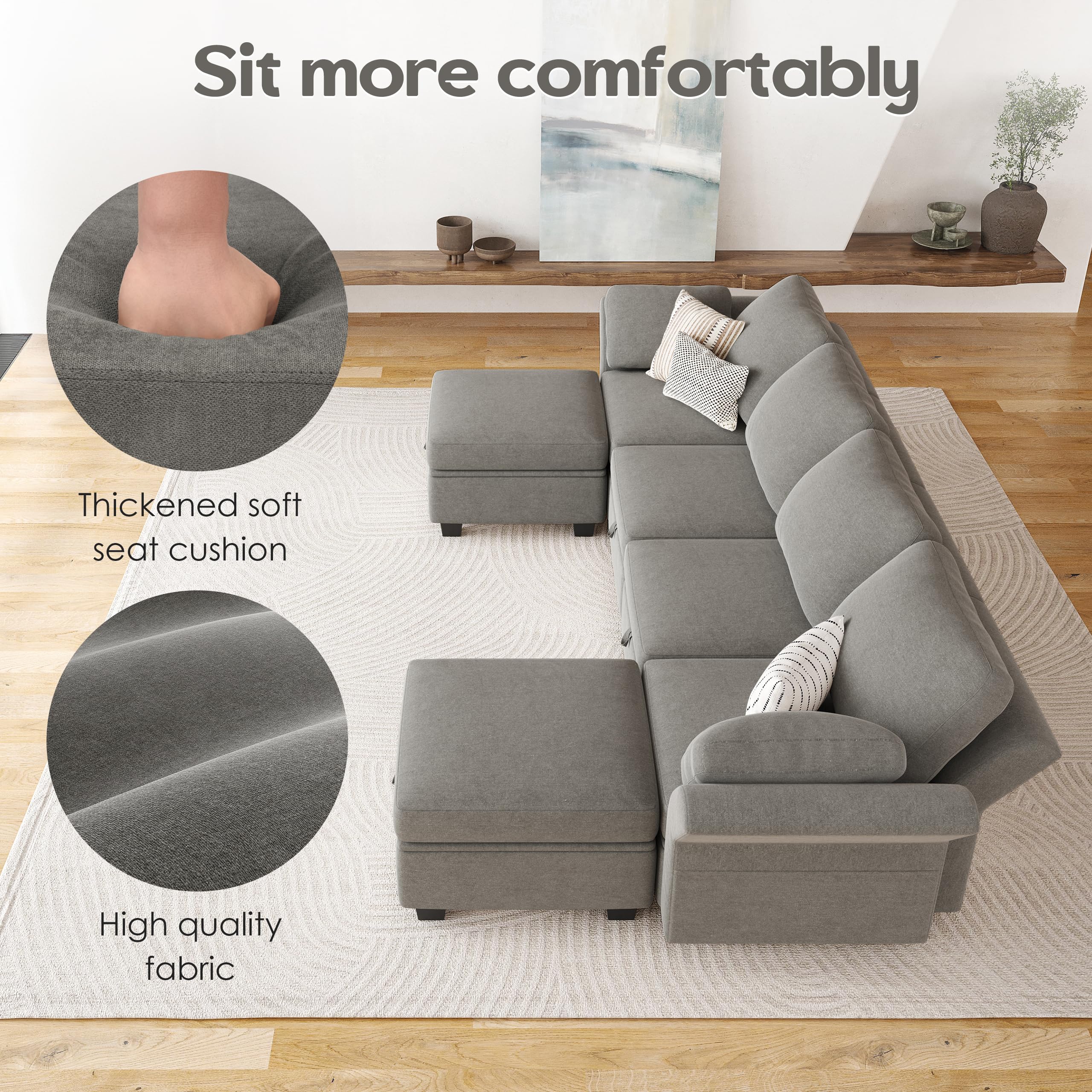 SOMEET Sectional Couch, Modular Sectional Sofa with Storage, U Shaped Sectional Couches for Living Room with Chaise, 6 Seats Convertible Sofa Bed Supportive with Adjustable Backrest 112", Blue Grey