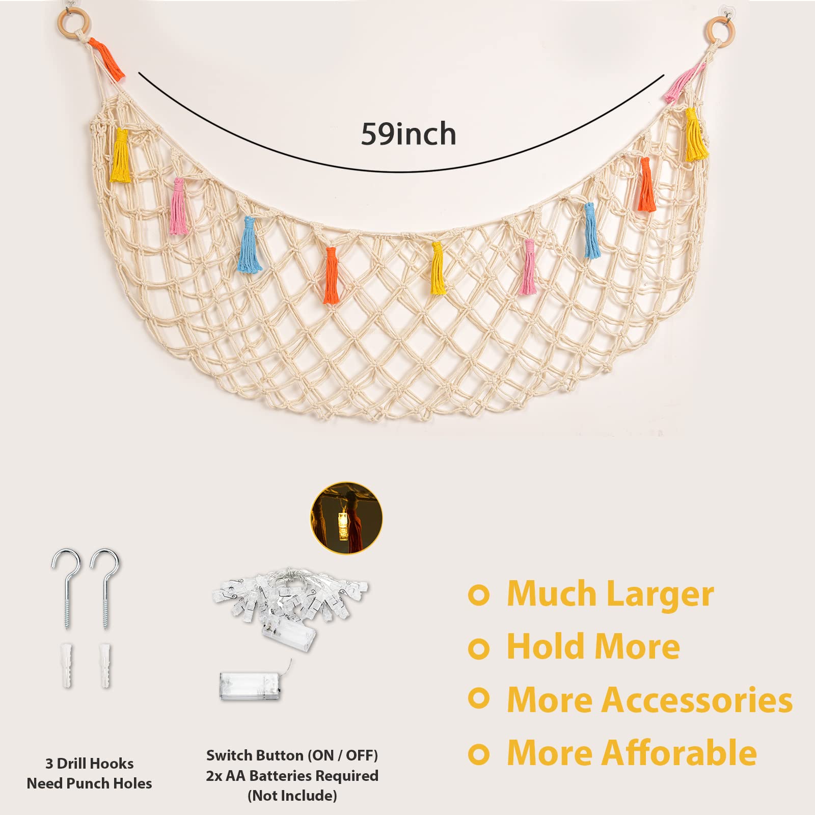 Macrame Stuffed Animal Net,Toy Hammock for Stuffed Animals Storage,Pet Net for Plush,Handmade Hanging Corner Net Wall for Squishmallow,Plushie Holder Organizer with LED Photo Clips,59inch Extra Large
