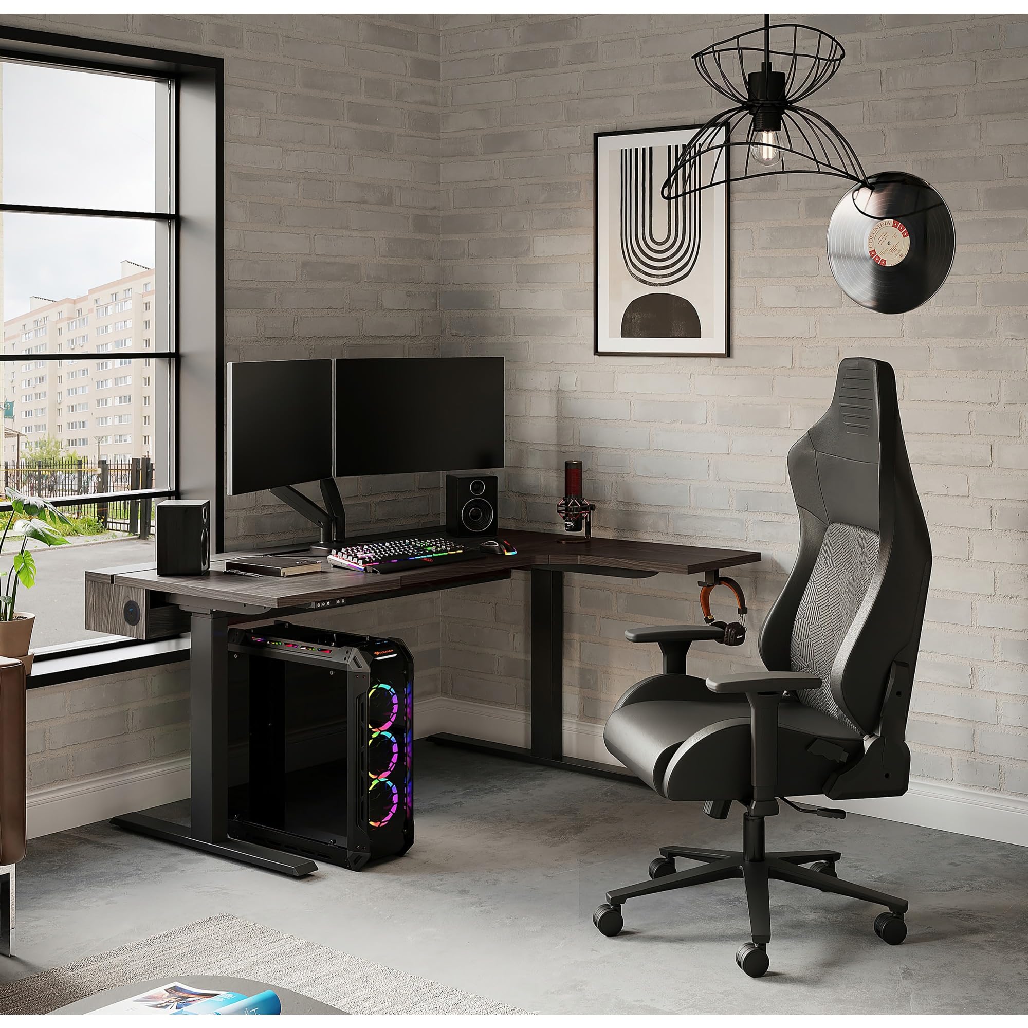 RealspaceĀ® Koru Electric 59"W L-Shaped Height-Adjustable Standing Desk with Integrated Power & Charging, Espresso Oak