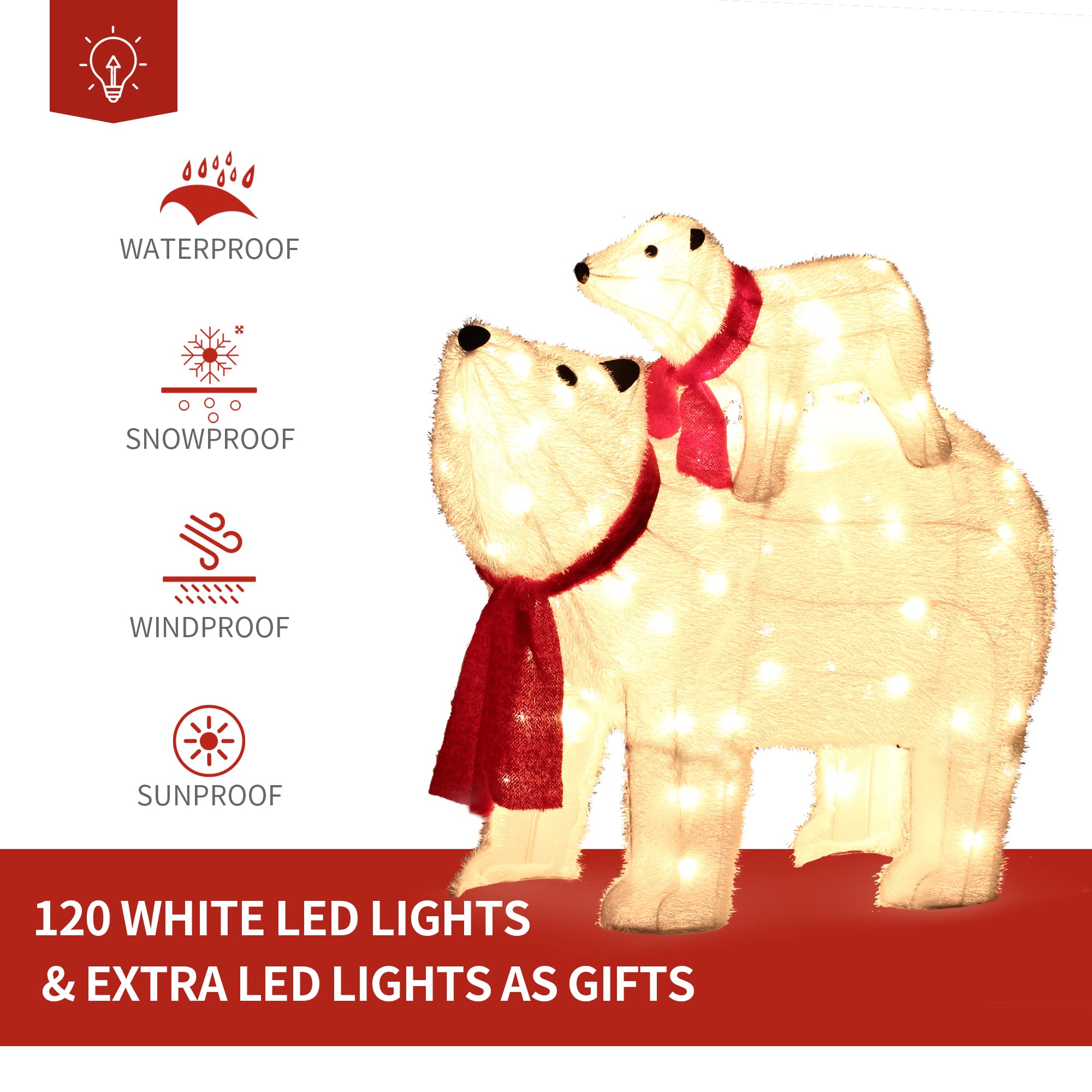 GENIMO 2-Piece Polar Bear Christmas Decorations, Outdoor Plush 100 LED Holiday Decor, 2.3FT Pre-Lit Bear Lights for Outside Indoor Home Lawn Yard Garden Patio