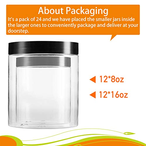 Vivimee 24 Pack Plastic Jars with Lids 16 oz (12 Pack) & 8 oz (12 Pack), Clear Plastic Mason Jars, Leakproof Slime Containers for Peanut, Spice, Cookie, Candy and Dry Food, Empty Jars for Storage