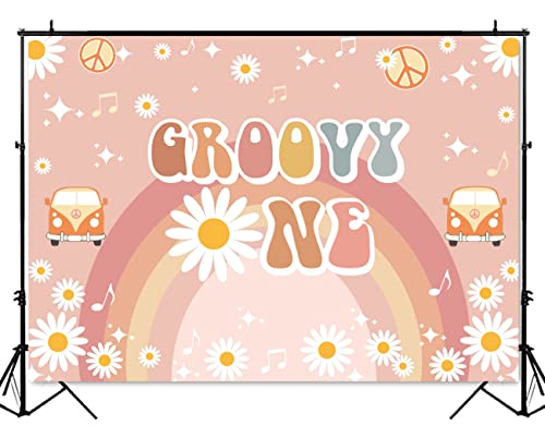 Mocsicka Groovy One Birthday Backdrop Boho Rainbow Groovy 1st Birthday Party Decorations 70's Daisy Hippie Peace Love Party Background Cake Table Banner (7x5ft (82x60 inch))