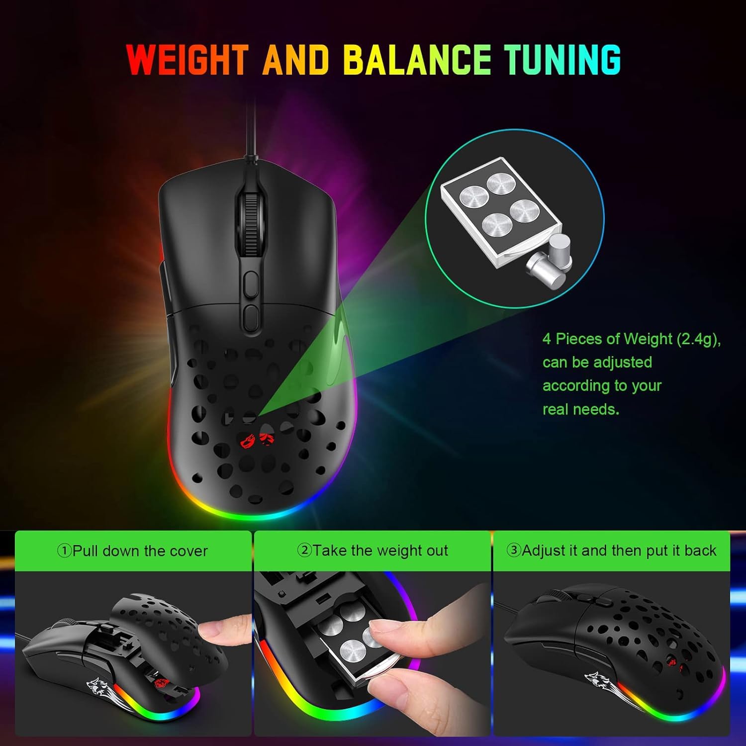 MAGIC-REFINER Wired Gaming Mouse with Side Buttons RGB Backlit Honeycomb with Weight Tuning, Adjustable Weight, Extra Replaceable Cover,12,000 DPI Optical Sensor Programmable for Windows PC Gamers
