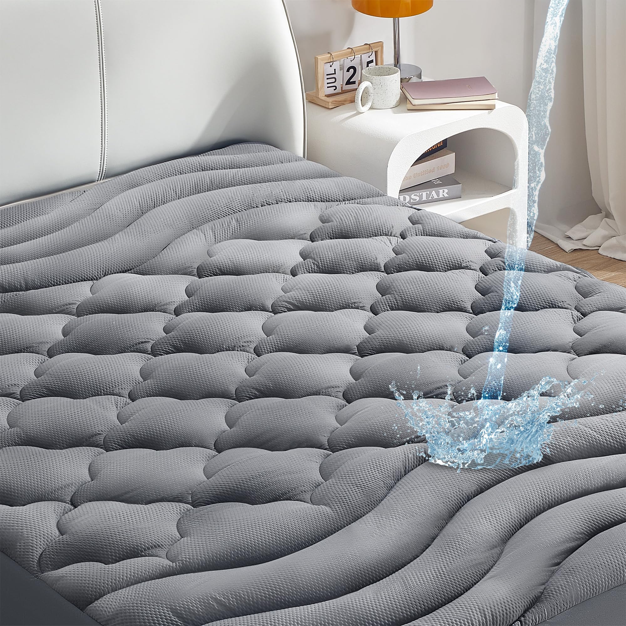 SONIVE Waterproof Mattress Pad - Quilted Fitted Mattress Topper, Soft and Breathable Mattress Protector, Fluffy Pillow Top Mattress Cover(Grey, Queen)