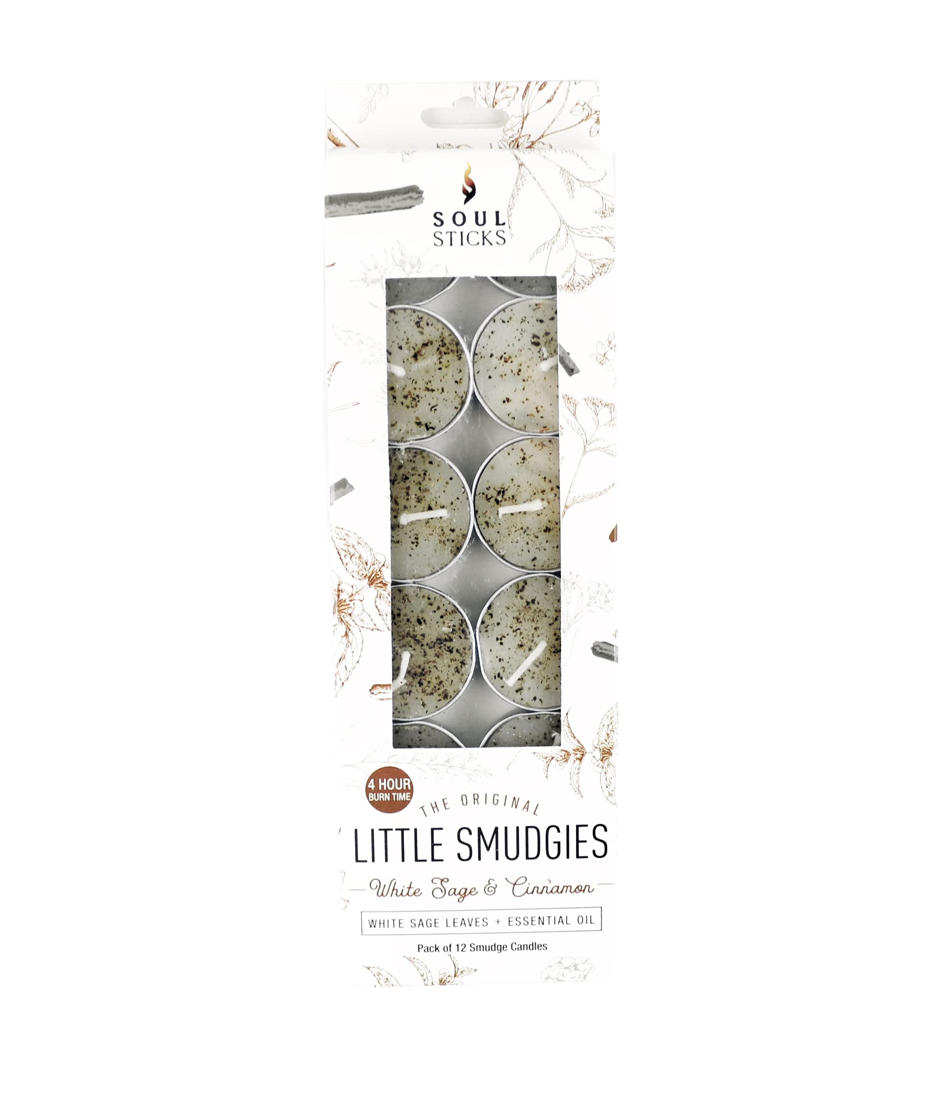 Soul Sticks 12 Pack Little Smudgies Tealight Candles Smudge Candle for Cleansing House, Meditation, Chakra Healing | Made with Crystals and Herbs (White Sage & Cinnamon)