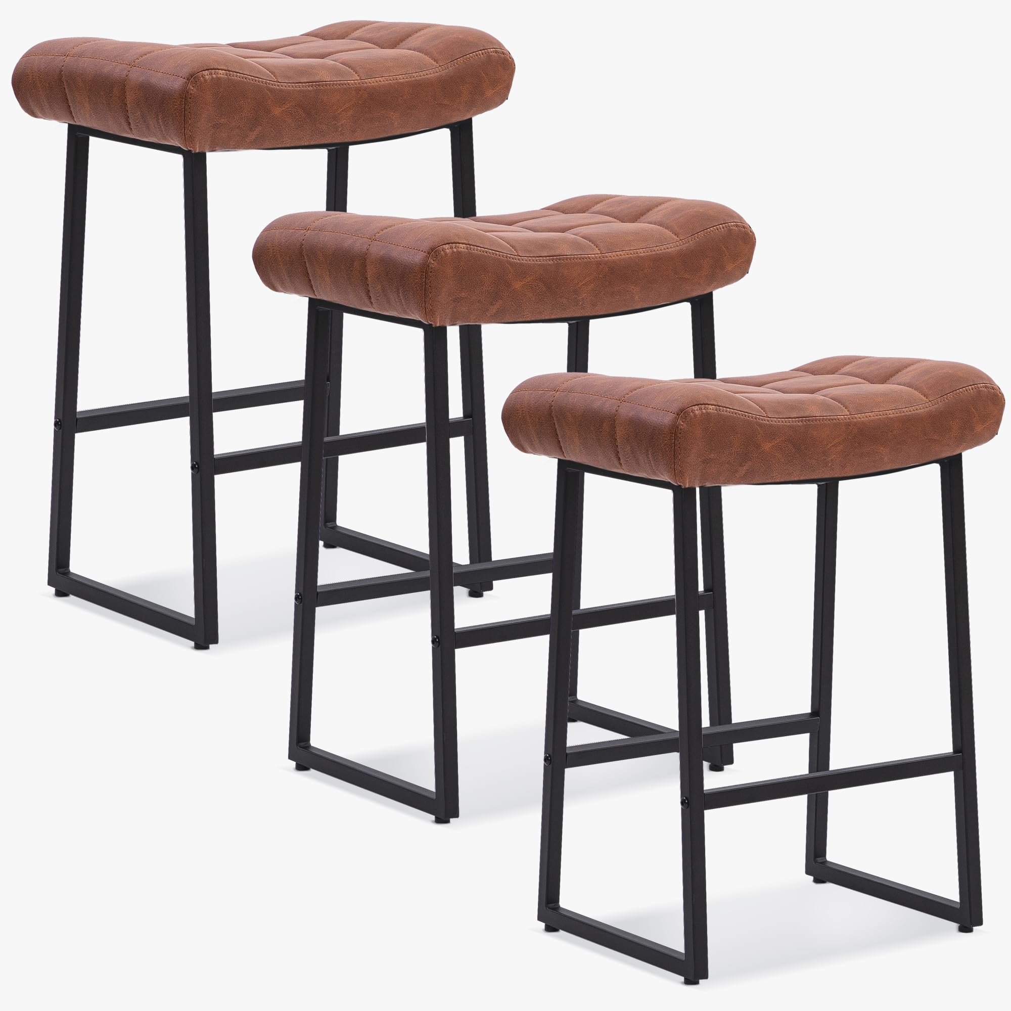 RNKSFX White & Gold Counter Height Bar Stools Set of 3 for Kitchen Counter Modern Backless Barstools with Upholstered Faux Leather Seat and Metal Frame Industrial 24 inch Bar Chairs