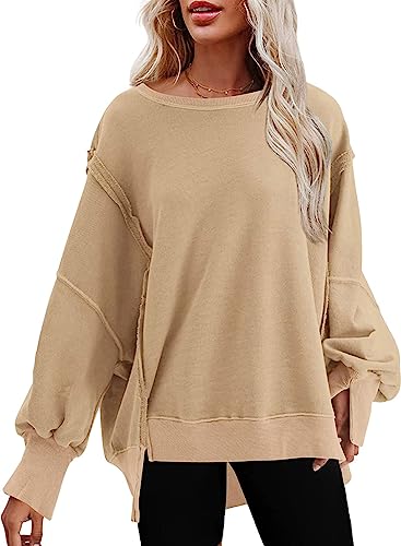 SHEWIN Womens Sweatshirts Long Sleeve Round Neck Soft Baggy Curved Hem Tops Lightweight Sweatshirts for Women Fall Cute Tops Loose Fit Flowy Crewneck Plain Tshirts for Leggings Khaki Small