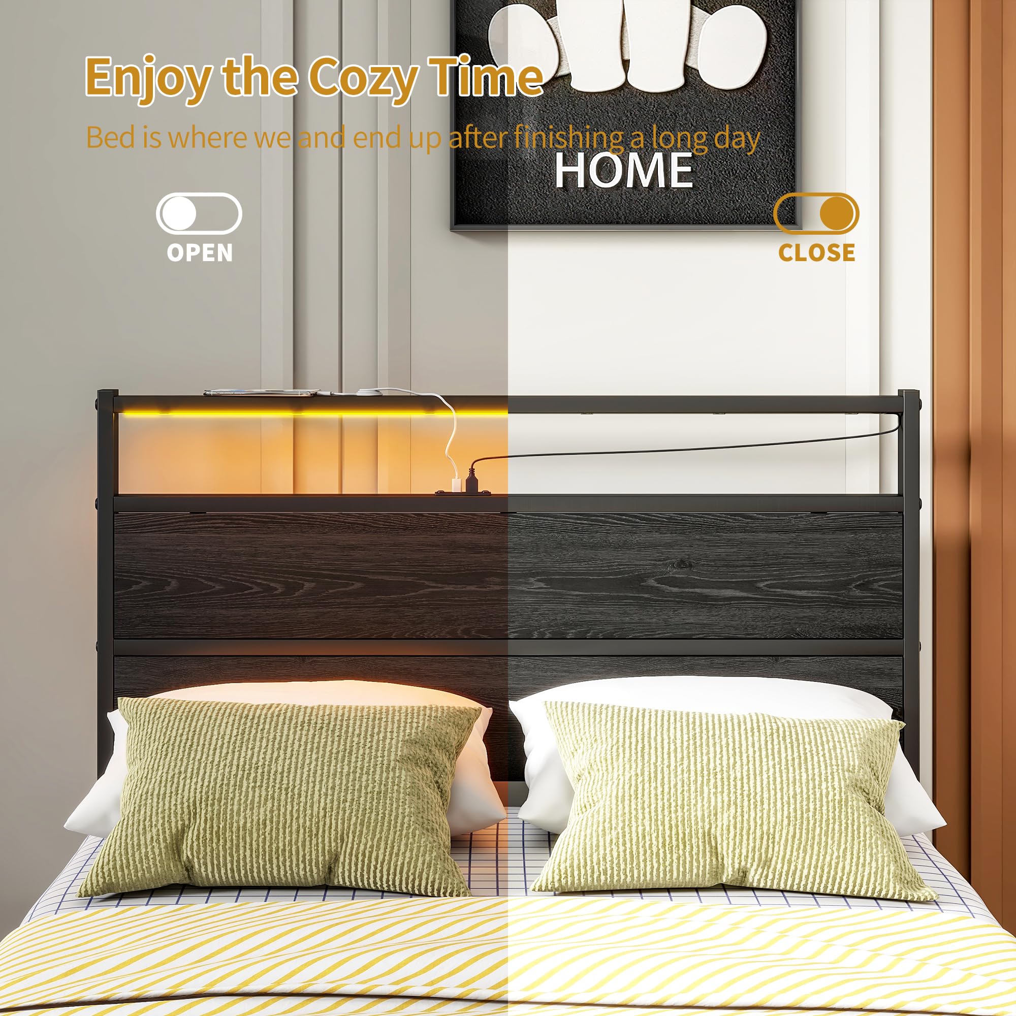 Twin Bed Frame with Headboard/LED Lights,Metal Bed Frame Twin Size with Charging Station,Twin Platform Bed Frame Twin Size No Box Spring Needed,Beds Base,Heavy Duty Metal Slats Support,No Noise,Black