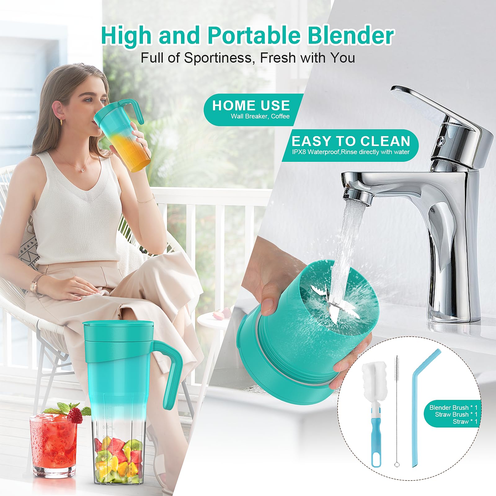 Portable Blender for Shakes and Smoothies, 16 Oz Mini Blender cup, HUIJUTCHEN Personal Blender with Six Blades USB Rechargeable Juicer Blender Cup for Baby Food Travel Kitchen, 470ML Green