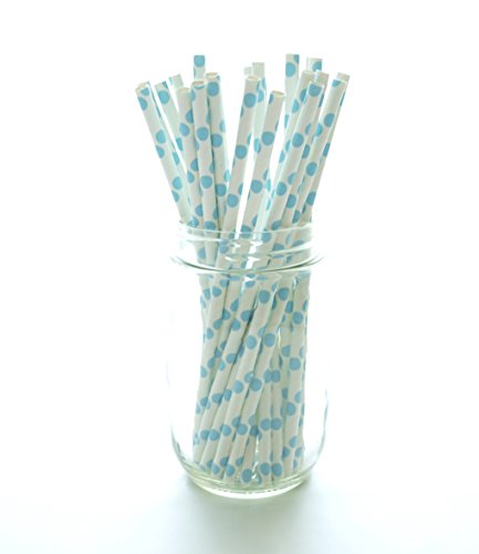 Light Blue Polka Dot Straws (25 Pack) - Paper Baby Shower Straws for Candy Buffets, Dessert Table Decor or Wedding Favors