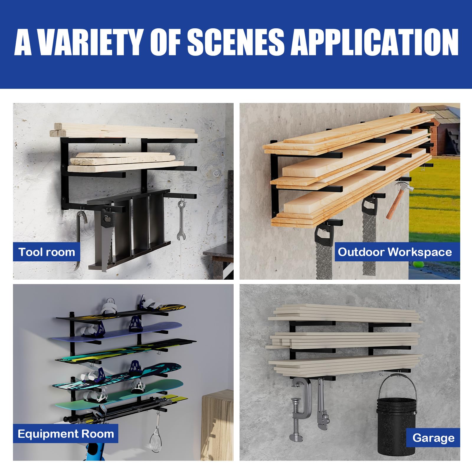 S&R PLKOP 3-Level Lumber Storage Rack, Wall Mounted Wood Organizer - 2 Pack, Black, Metal for Wood Storage & Lumber Racks