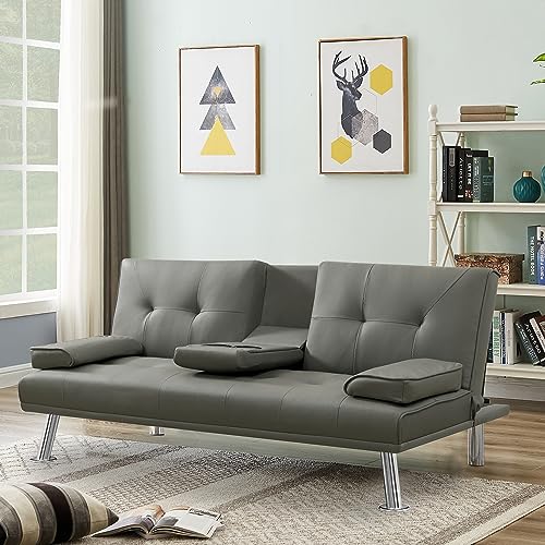 Modern Faux Leather Upholstered Futon Sofa Loveseat Convertible Sleeper Couch Bed with Metal Legs,Removable Pillows Armrest and Drop-Down Cupholdes