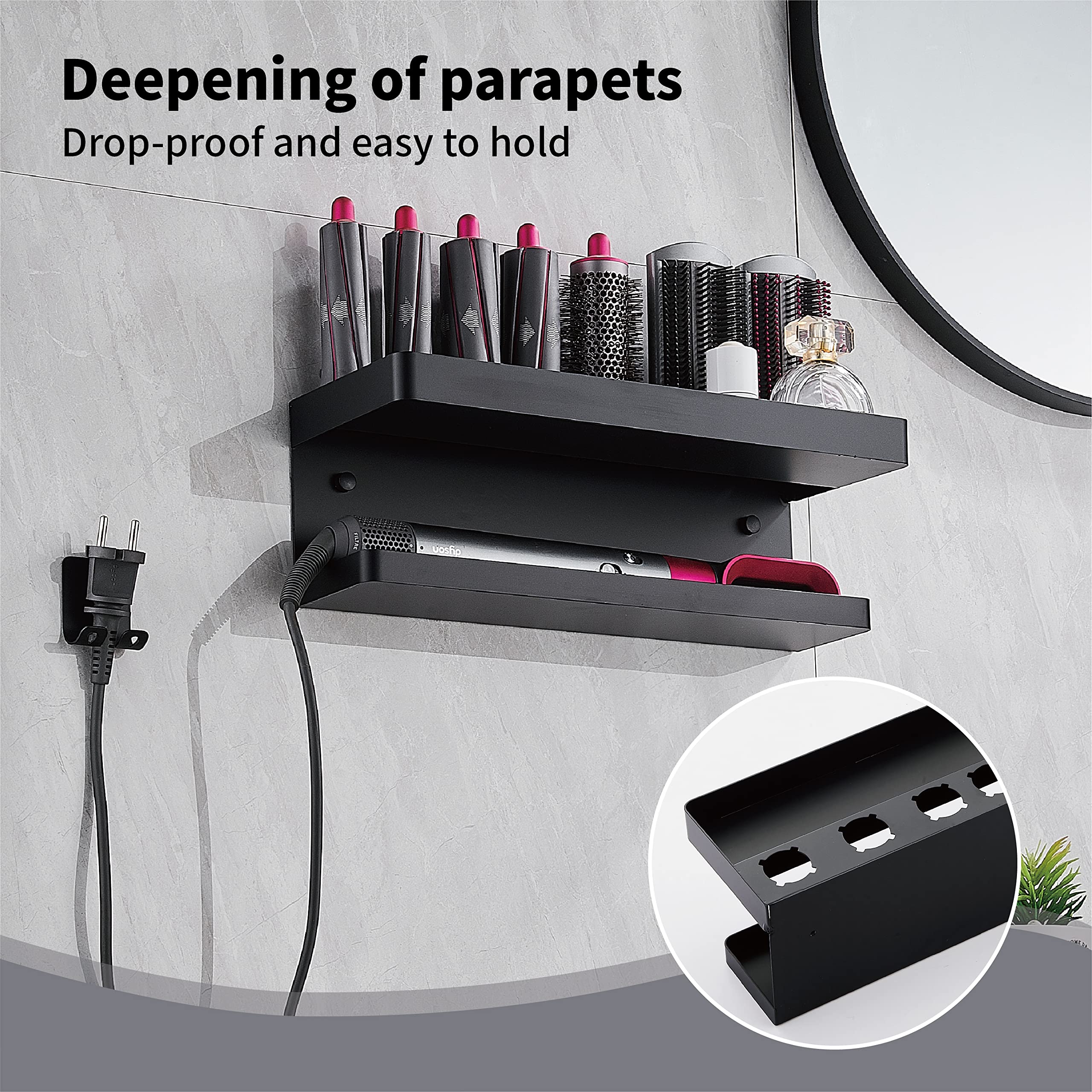 Wall Mounted Airwrap Holder for Dyson - SS304 Hair Dryer Organizer,2 layers with Extra Storage Space for Home Bathroom Shelf Organizer