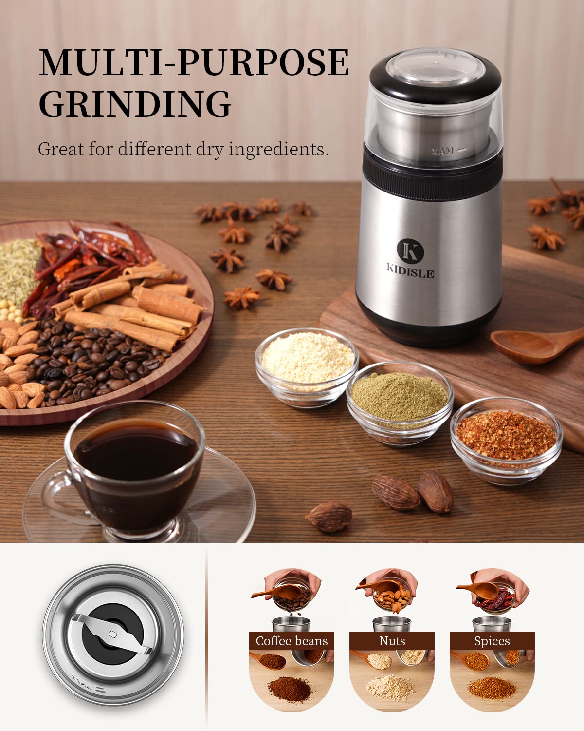 KIDISLE Coffee Grinder Electric, Herb Grinder, Spice Grinder, Coffee Bean Grinder, Espresso Grinder with 2 Removable Stainless Steel Bowl,Silver