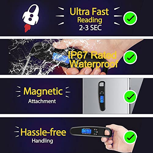 LIKEPAI Instant Read Meat Thermometer for Kitchen Cooking, Ultra Fast Precise Waterproof Digital Food Thermometer with Backlight, Magnet and Foldable Probe for Deep Fry, Outdoor BBQ, Grill(Black)