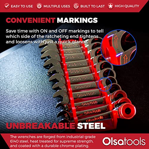 Olsa Tools Stubby Ratchet Wrench Set (SAE 11pc) | 6-Point Box End Ratchet Wrenches Set | 120 Tooth Ratcheting Wrench Sets | Works on Stripped and Rounded Bolts | Professional Grade Spanner Wrench