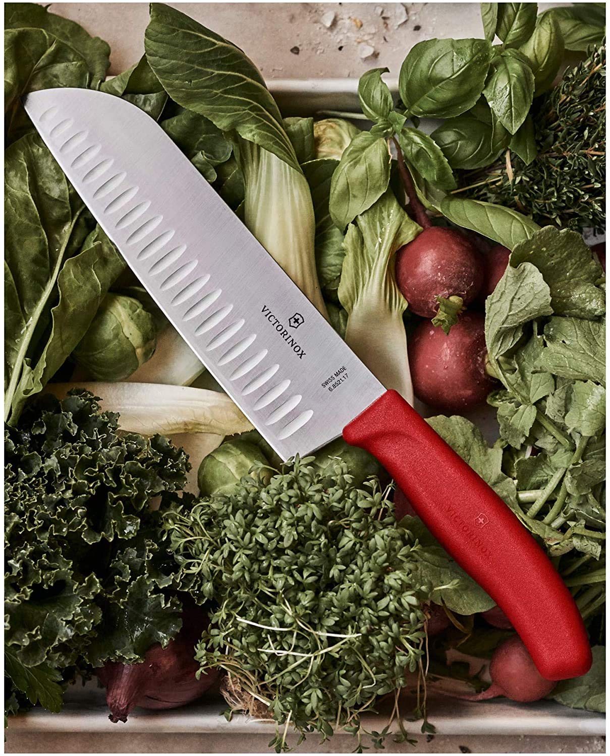 Victorinox 6.8521.17G Swiss Classic Santoku Knife for General-Purpose Slicing, Dicing, Mincing, and Everything In Between Fluted Edge Blade in Red, 6.7 inches