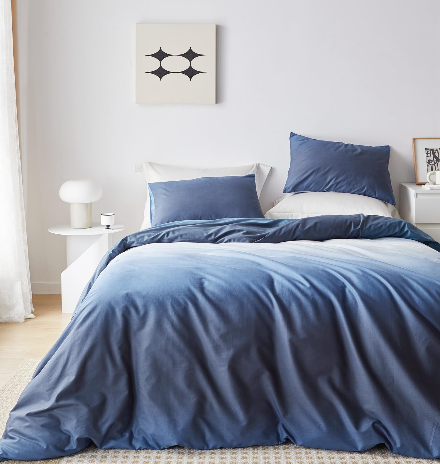SUSYBAO Gradient Patterned Duvet Cover King 100% Cotton Sky Blue Duvet Cover 3 Pieces Set 1 Neutral Blue and White Duvet Cover with Zipper Ties 2 Pillowcases Luxury Navy Bedding Set Soft